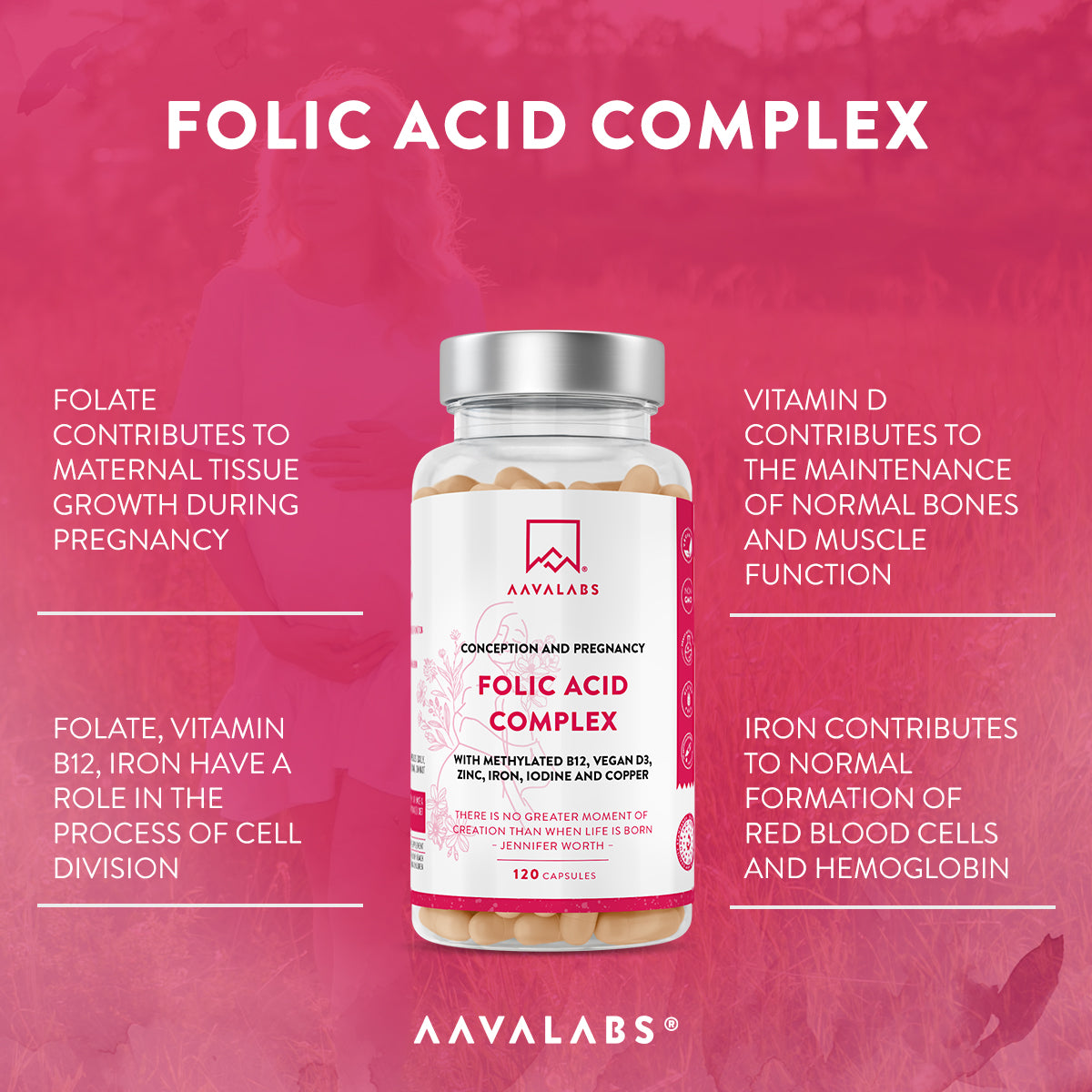 Folic Acid Complex with B12, Vegan D3, Zinc | AAVALABS